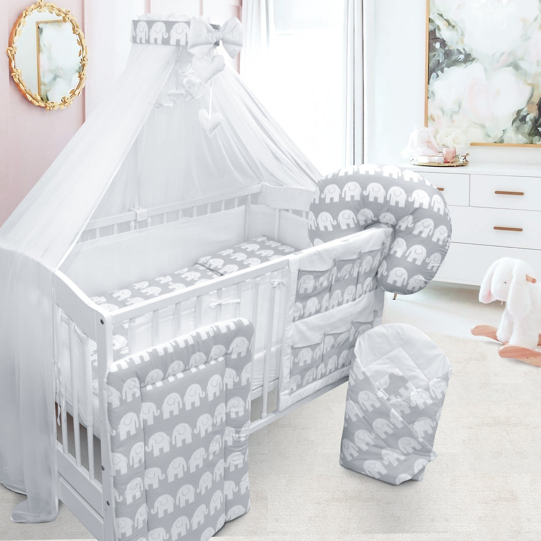 Baby Cot Bedding Set 14Pc Fit Cot 120x60cm Elephants Grey – MyHappy Baby